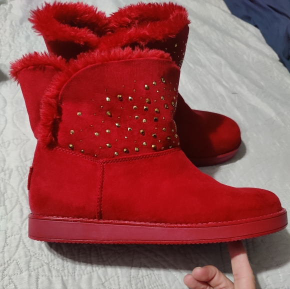 bcg | Shoes | Red Faux Fur Boots With Gold Accents | Poshmark